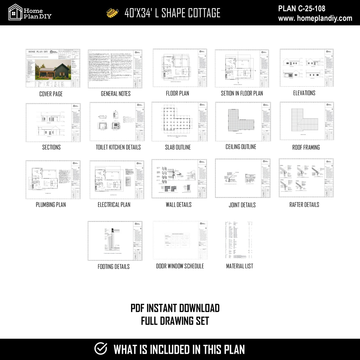 L-Shaped Cottage Plan – 3 Bed, 2 Bath Cozy Home 40x34 – Home Plan DIY